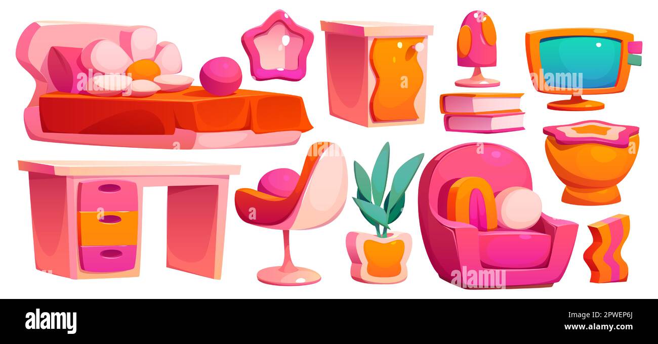 Cartoon set of girls bedroom furniture and decor for interior design ...