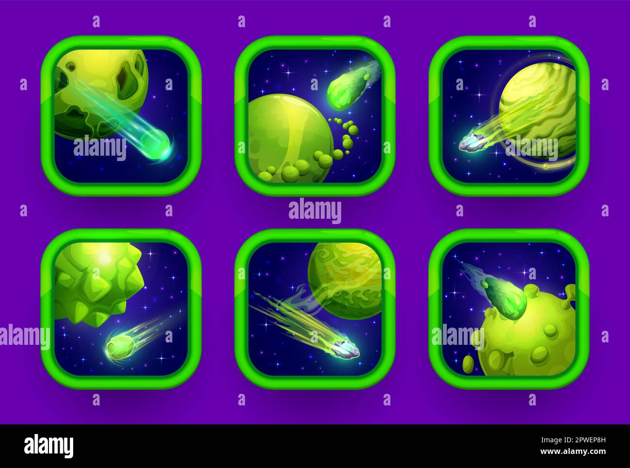 Cartoon space game app icons. Green planets and comets vector ui or gui, game interface assets ...