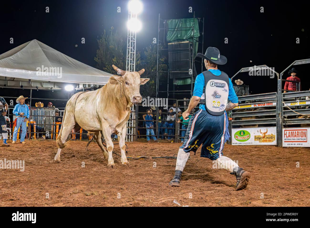 Itaja, Goias, Brazil - 04 21 2023: rodeo life saver with bull in rodeo ...