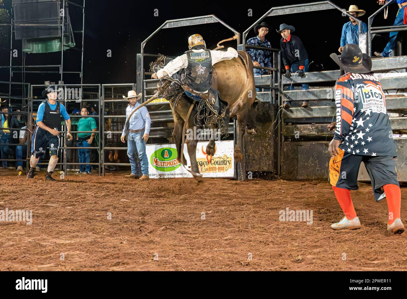 Itaja, Goias, Brazil - 04 21 2023: rodeo rider falling off the bull in ...