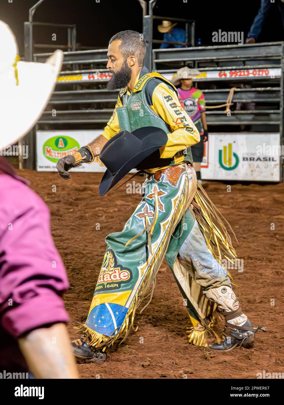 Itaja, Goias, Brazil - 04 22 2023: rodeo rider standing in the arena ...
