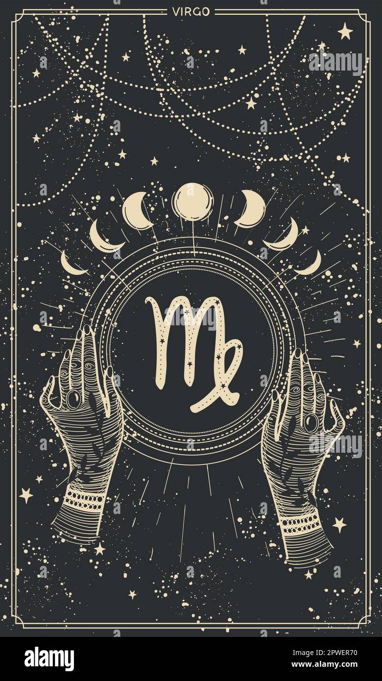 Card with Virgo zodiac sign symbol, mystical template for astrology stories, two hands holding a ...