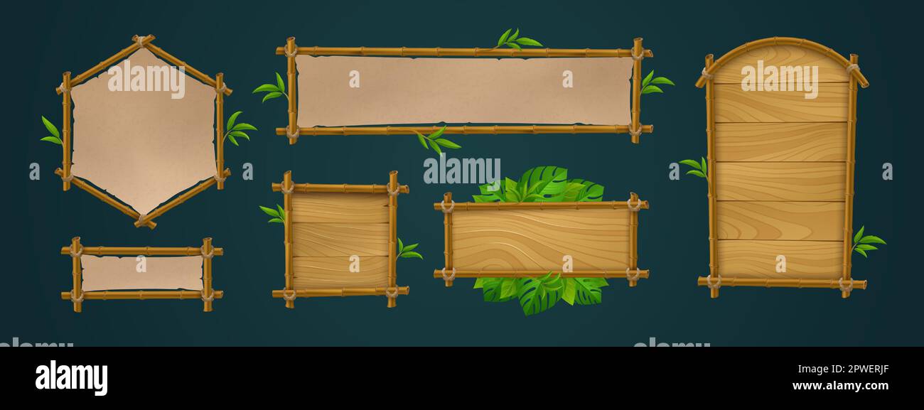 Realistic set of bamboo wood and paper signboards with tropical green ...