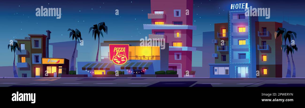 Night buildings on Miami city street with neon light and road. Cartoon ...