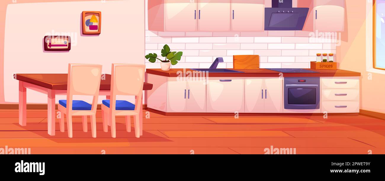 Kitchen and dining room interior with table, chairs, oven, hood ...