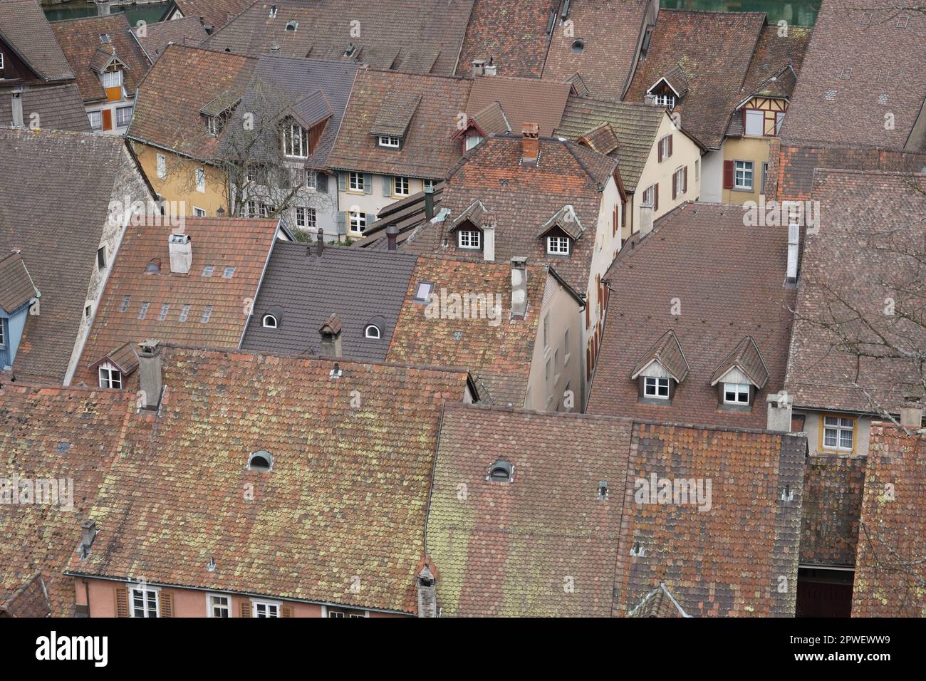 Rooftops of the old city of Laufenburg in Switzerland. The roofing ...
