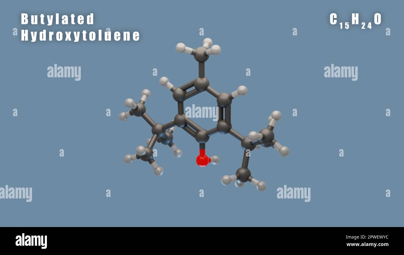 Butylated hydroxytoluene of C15H24O 3D Conformer render. Food additive ...