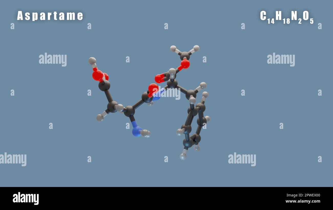 Aspartame molecule of C14H18N2O5 3D Conformer render. Food additive ...