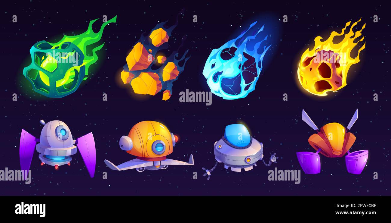 Vector galaxy falling asteroid and alien spaceship cartoon set on space ...