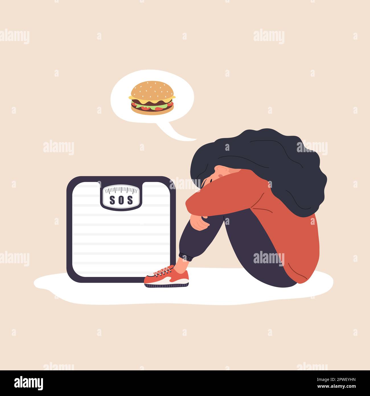 Food addiction concept. Eating disorder. Sad woman sitting on floor and ...