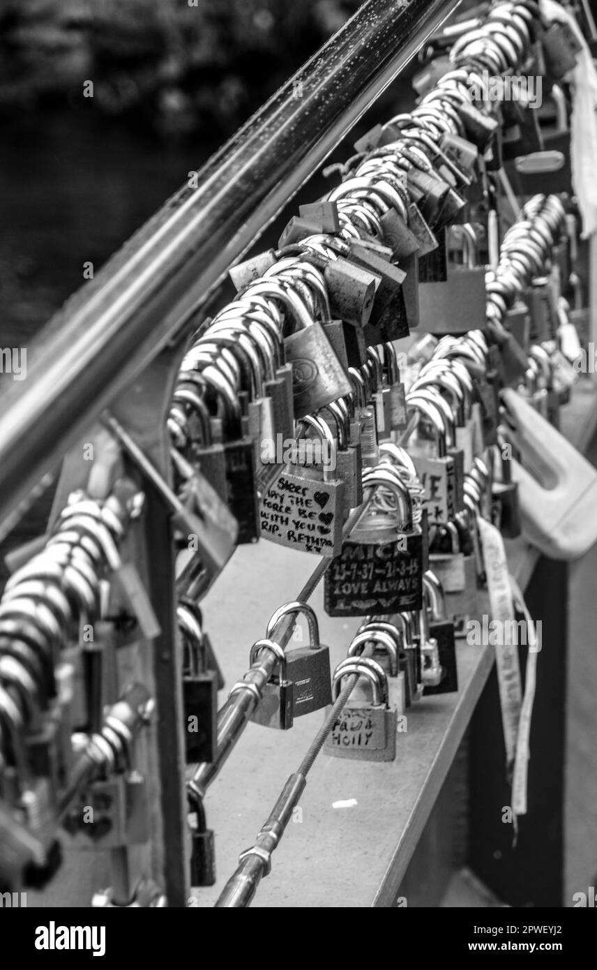 Padlocks bridge river architecture Black and White Stock Photos ...