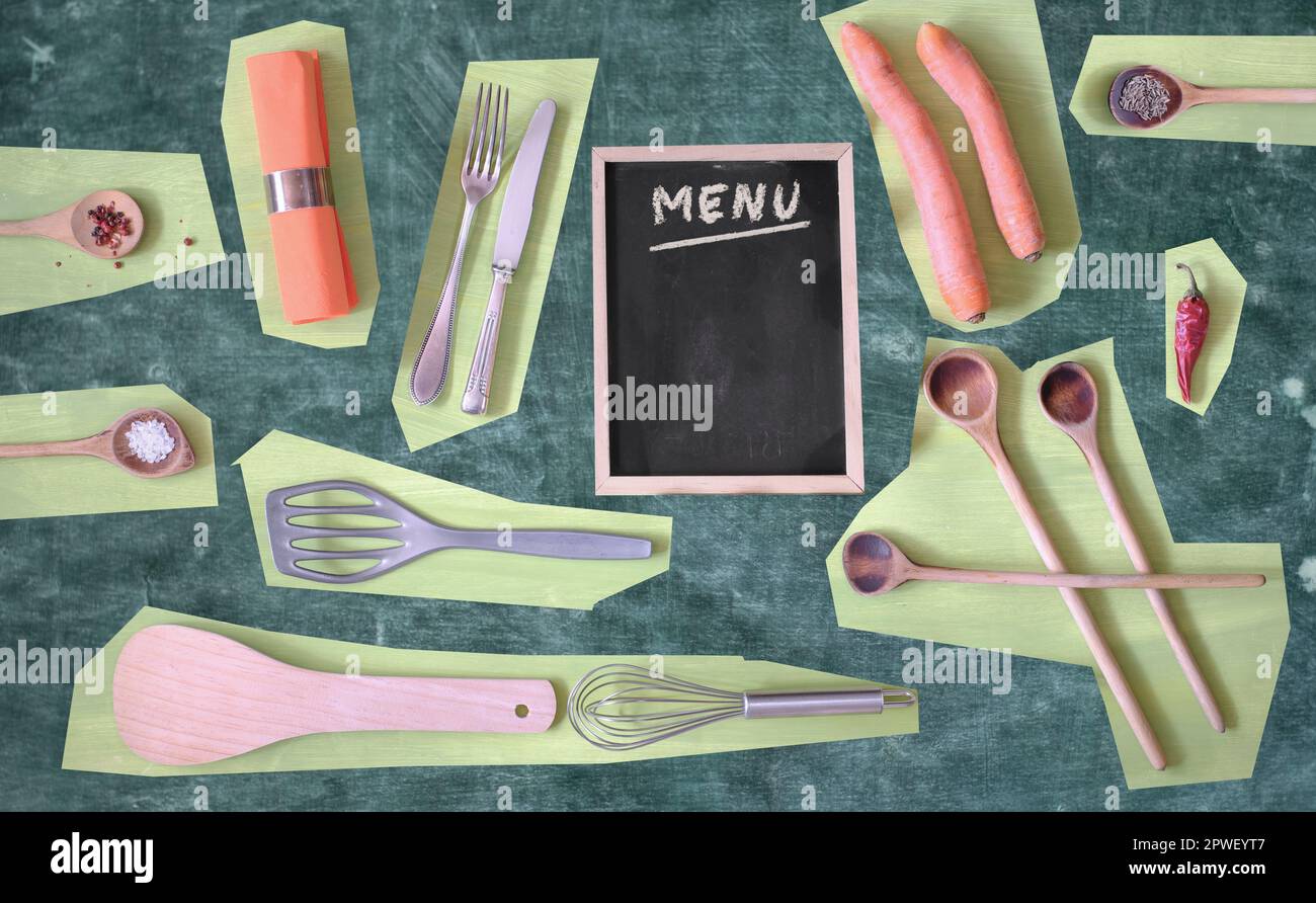 Menu Template, Food,ingredients, kitchen utensils,empty black board for ...