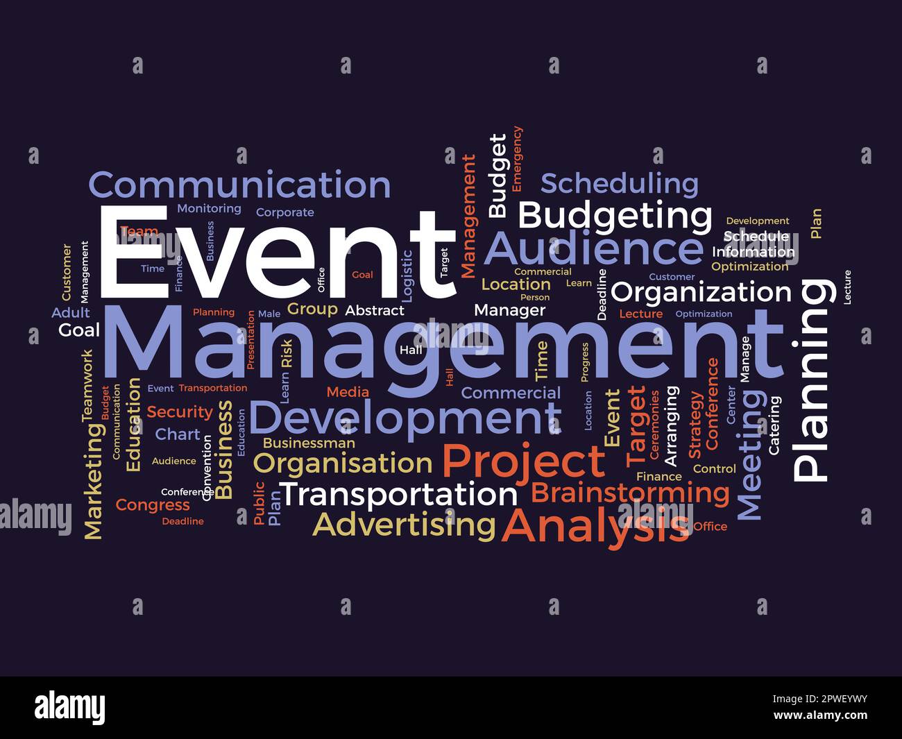 Word cloud background concept for event management. Marketing planning ...