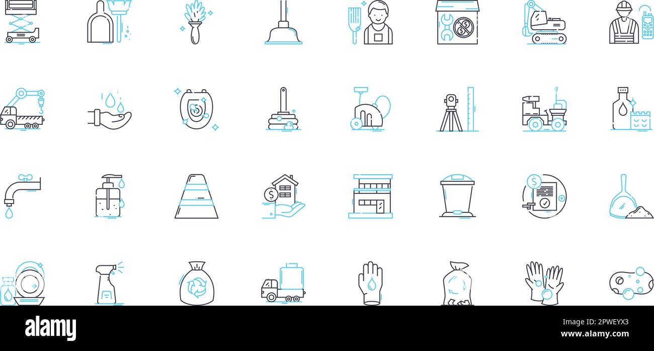 Domestic cleaning linear icons set. Tidy, Scrub, Mop, Dust, Sweep, Polish, Wash line vector and ...