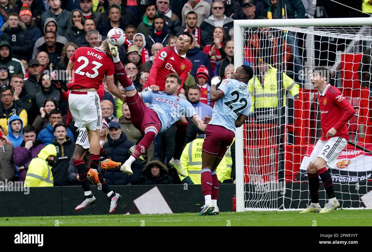 Aston Villa's Calum Chambers has an attempt on goal during the Premier ...