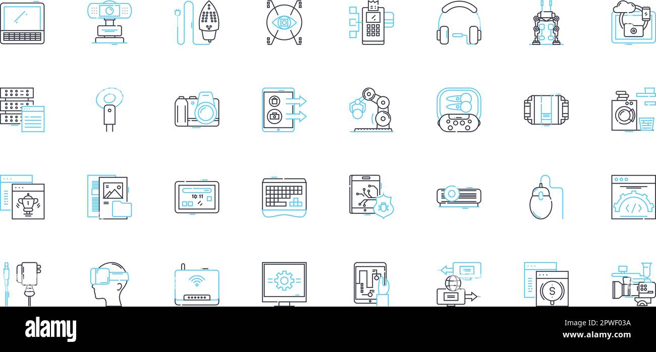 Digital gadgets linear icons set. Smartph, Tablet, Laptop, Computer, Camera, Headphs, Smartwatch ...
