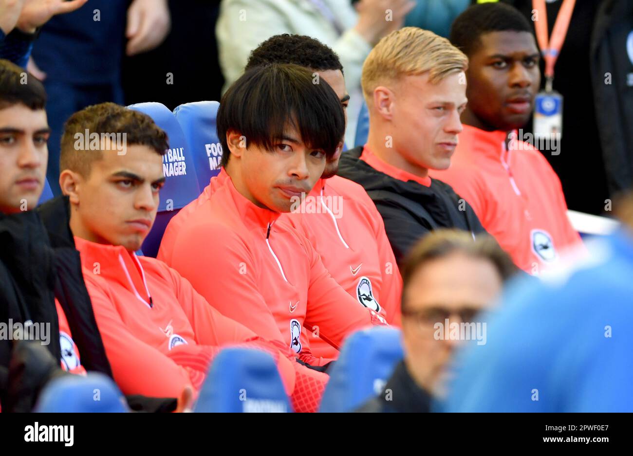 Kaoru Mitoma of Brighton on the subs bench during the Premier League ...
