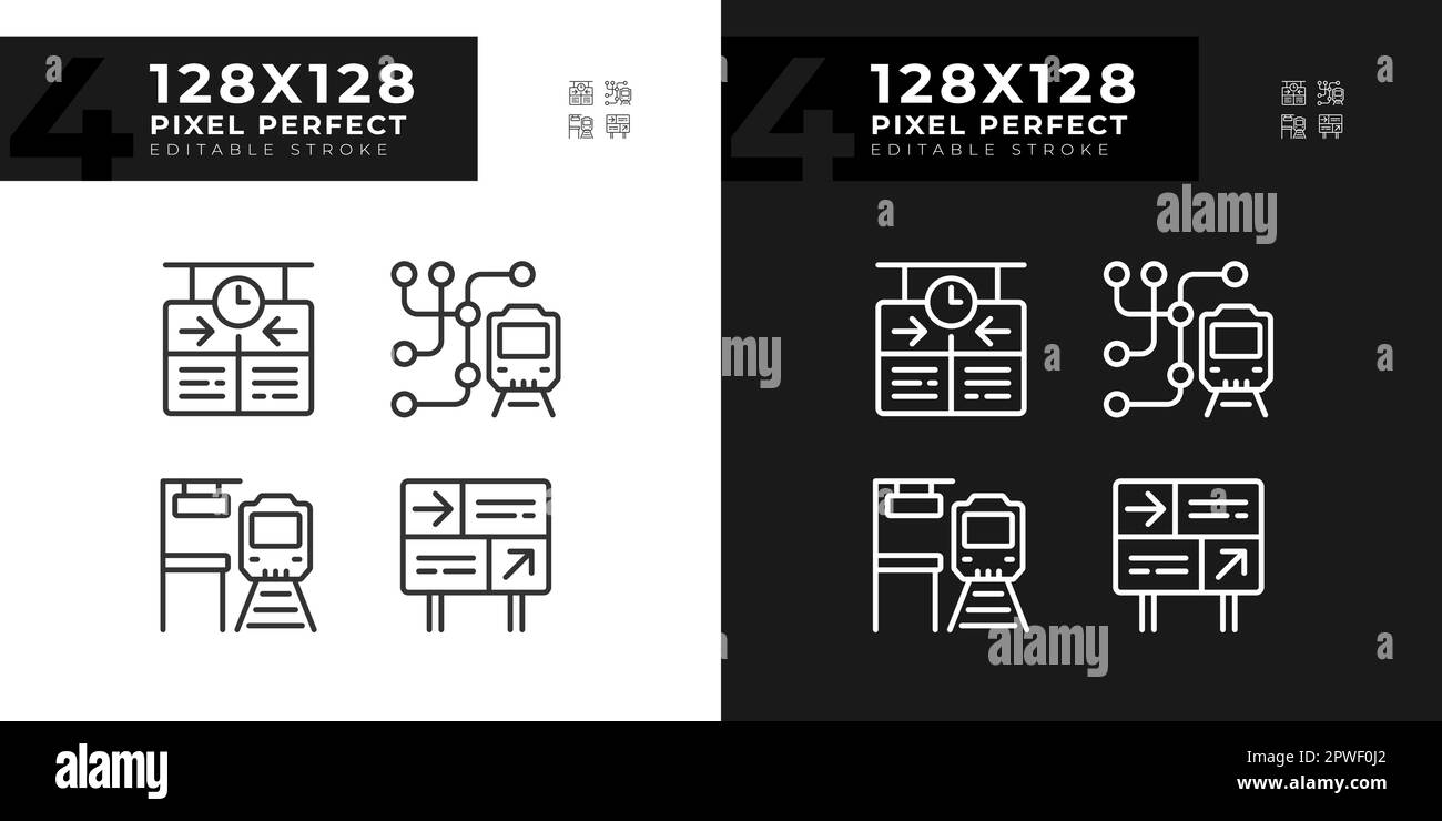 Railway station pixel perfect linear icons set for dark, light mode ...