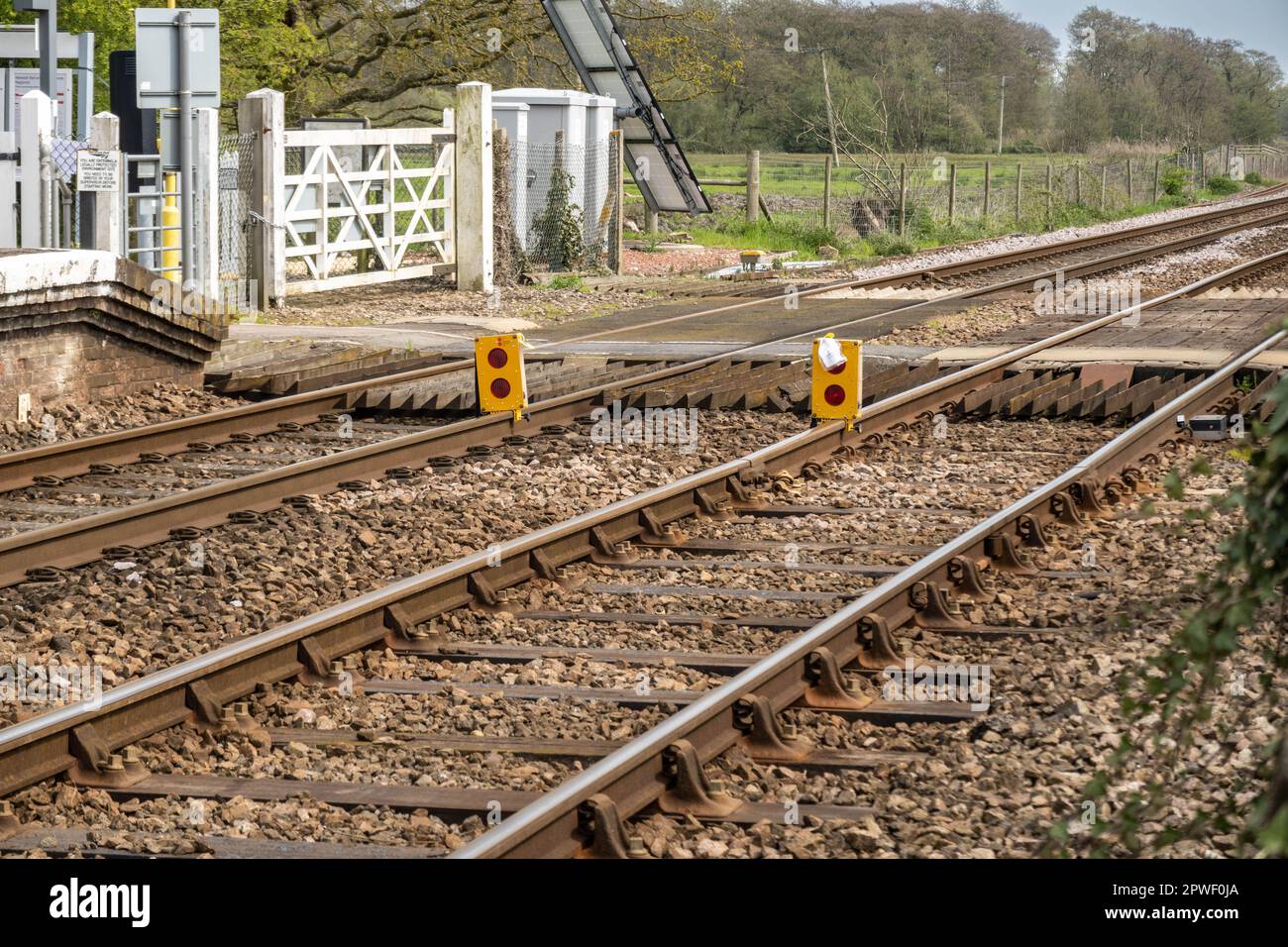 Emergency temporary lights on railway line tracks in Norfolk England ...