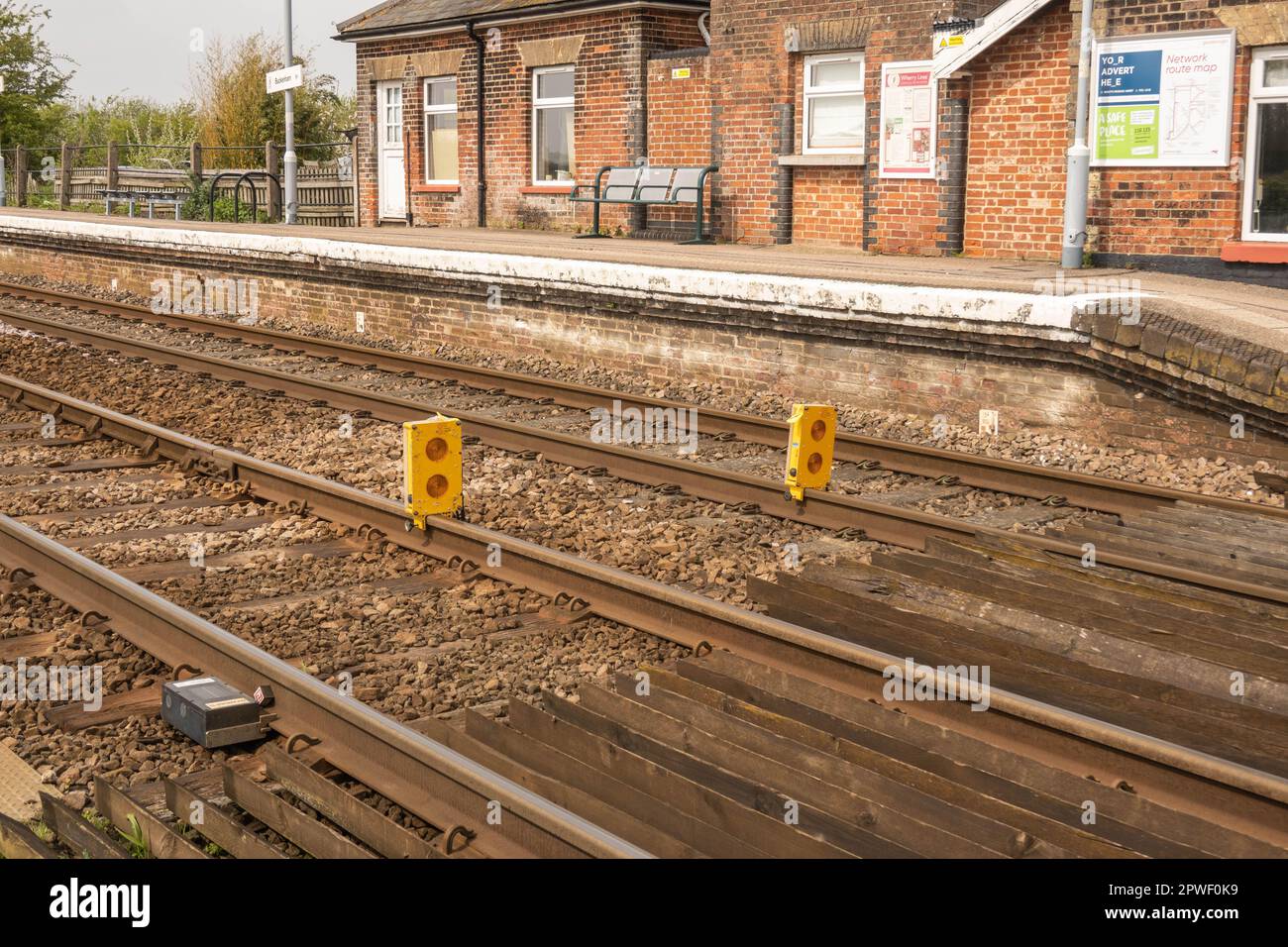 Emergency temporary lights on railway line tracks in Norfolk England ...