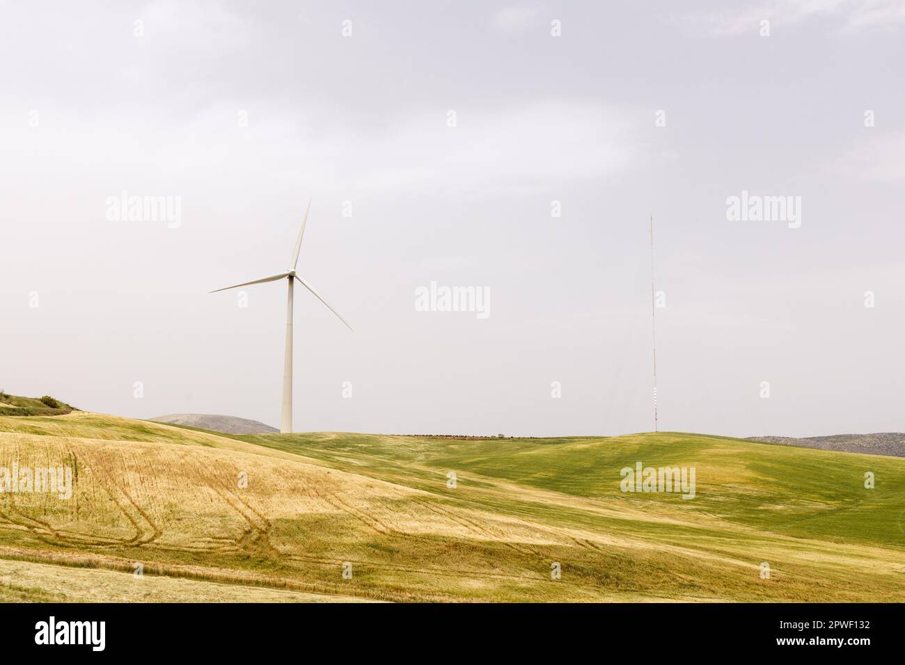 Panoramic view of a wind farm. Wind park with tall wind turbines to ...