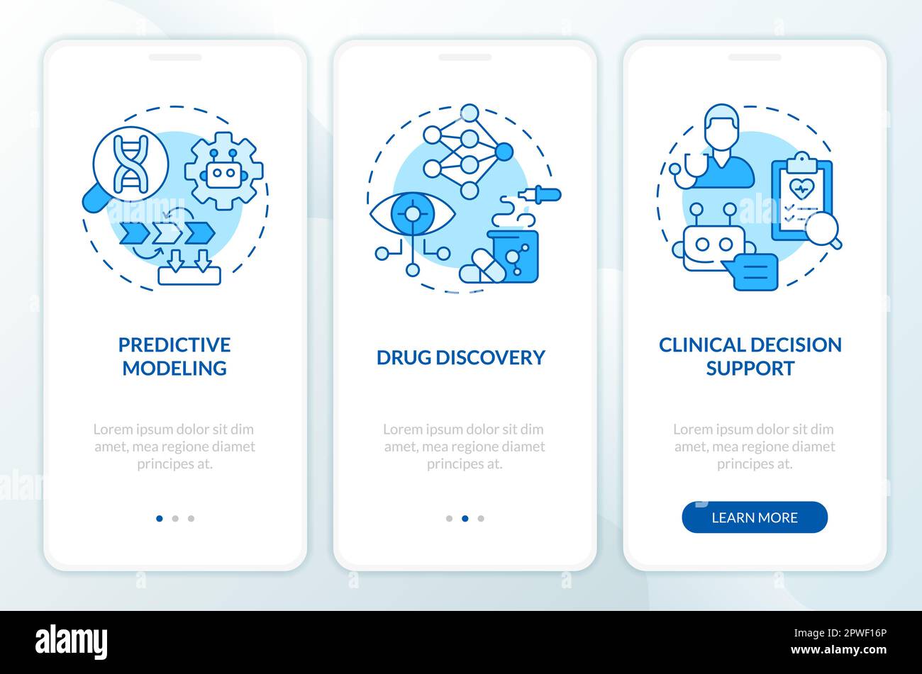 AI and ML in precision medicine blue onboarding mobile app screen. Walkthrough 3 steps editable ...