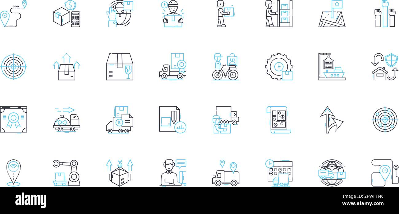 Transportation services linear icons set. Logistics, Shipping, Delivery, Hauling, Dispatch ...