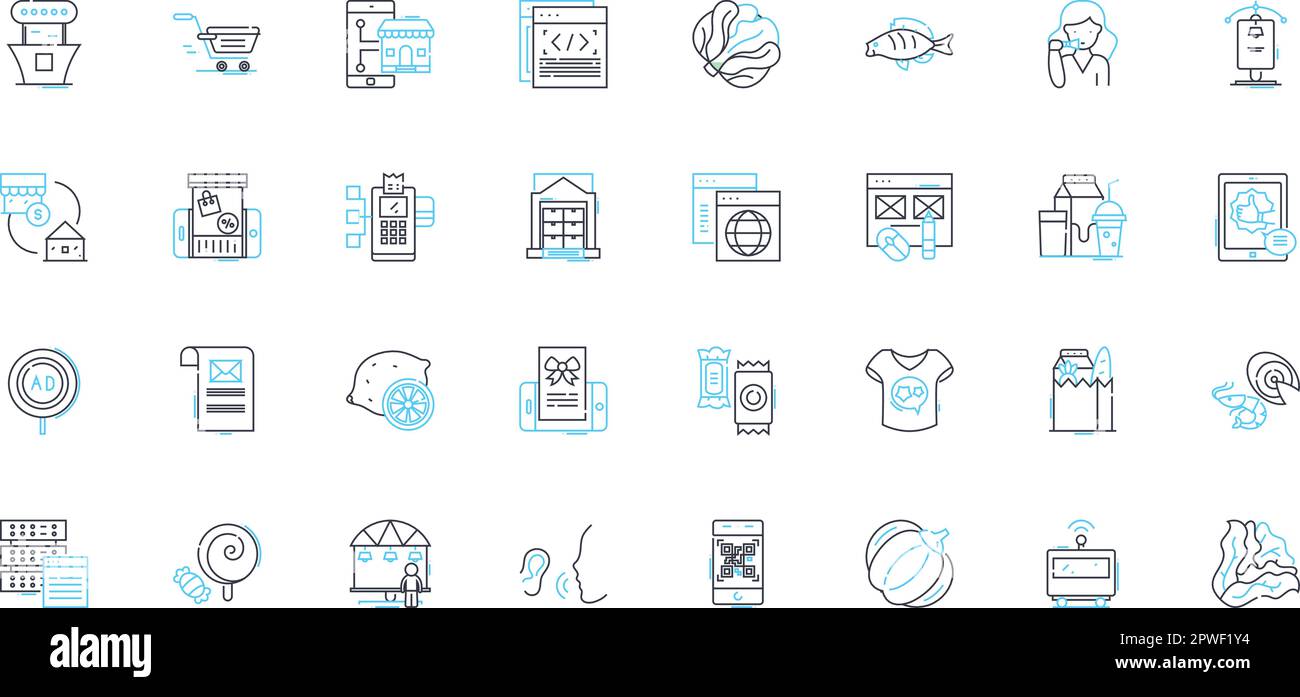 Retail center linear icons set. Shopping, Food, Clothing, Entertainment ...