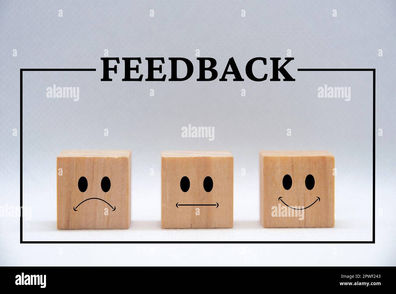 Sad, neutral and happy emoticon on wooden cubes with white background ...