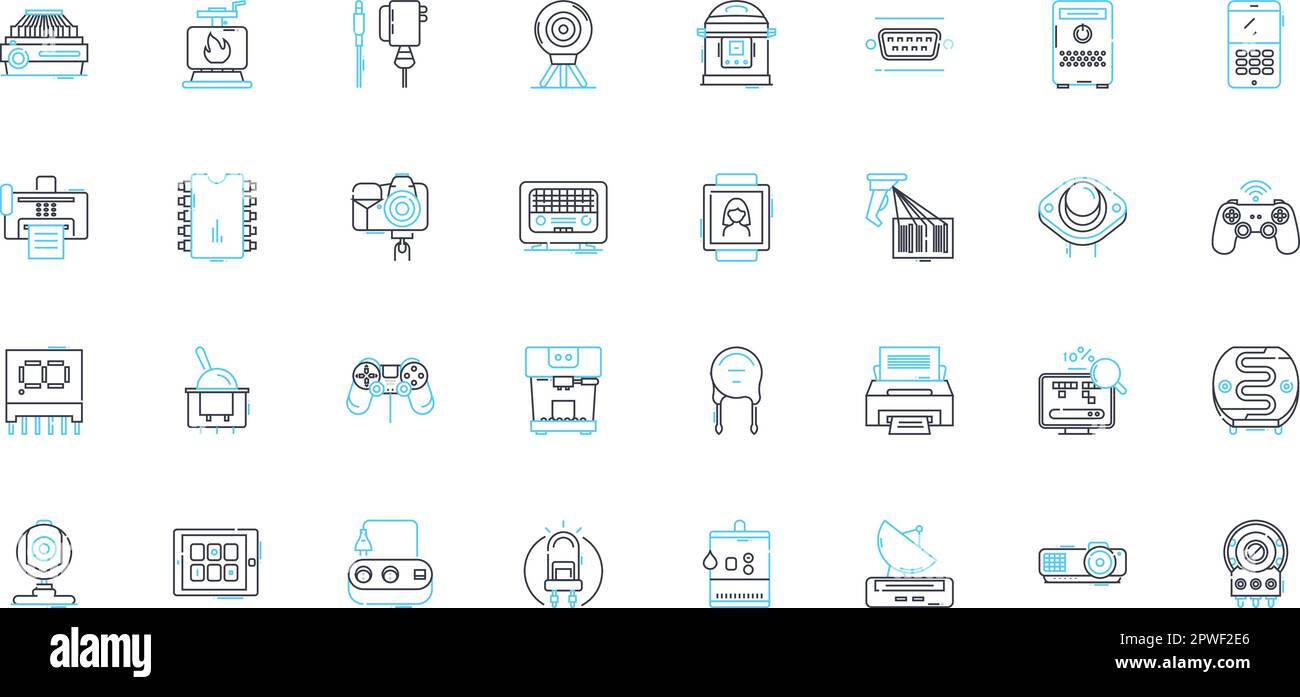 Digital devices linear icons set. Smartph, Tablet, Laptop, Desktop, Camera, Printer, Scanner ...