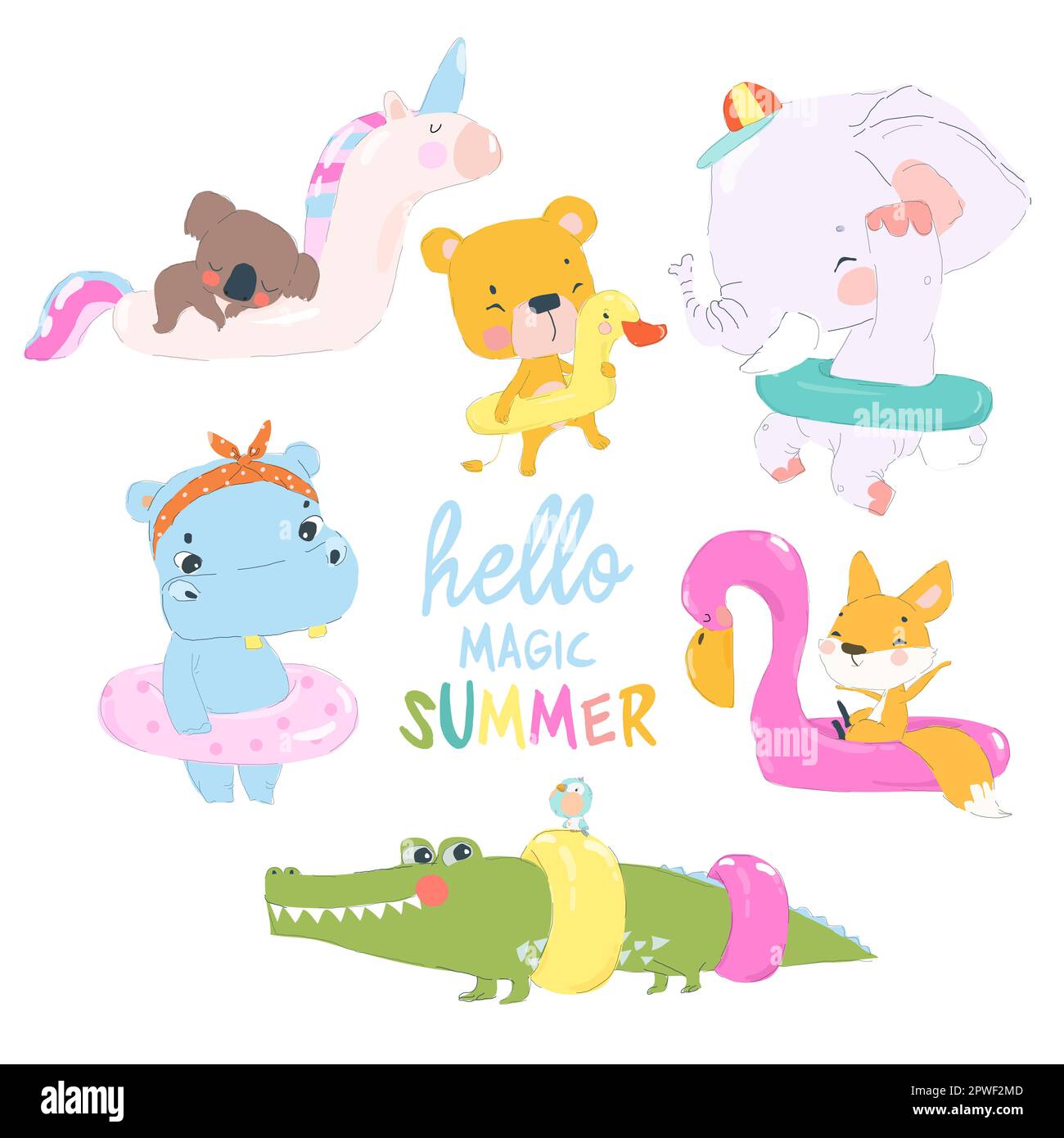 Cartoon Set with Cute Animals in an Inflatable Circles Stock Vector ...