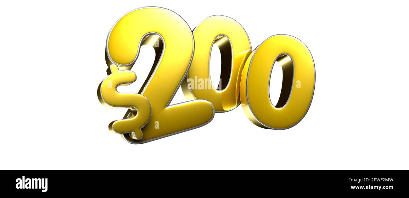 200 dollar figure gold 3D illustration on white background have work ...
