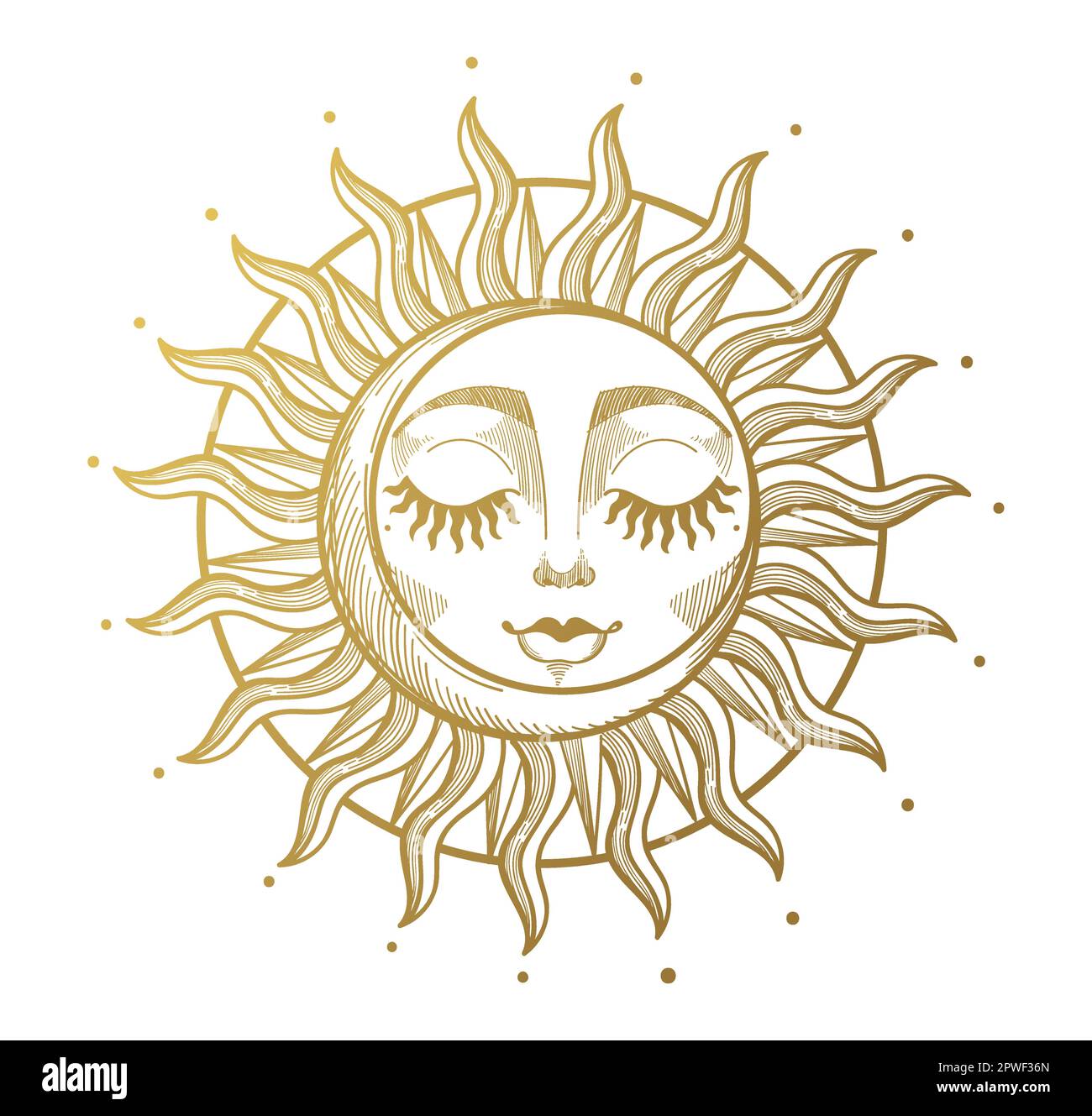 Golden mystical sun with a boho-style face. Element for design, tattoo ...