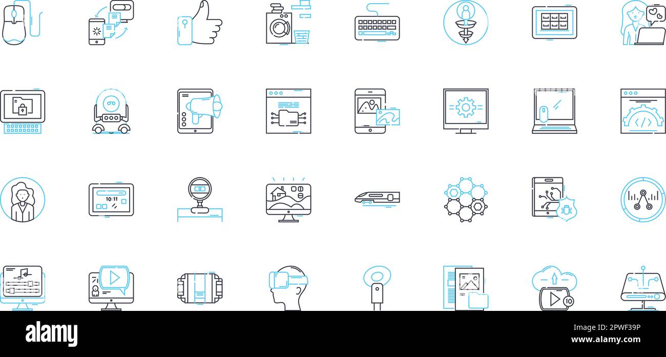 Digital media linear icons set. Broadcasting, Streaming, Interactivity, Content, Video, Audio ...