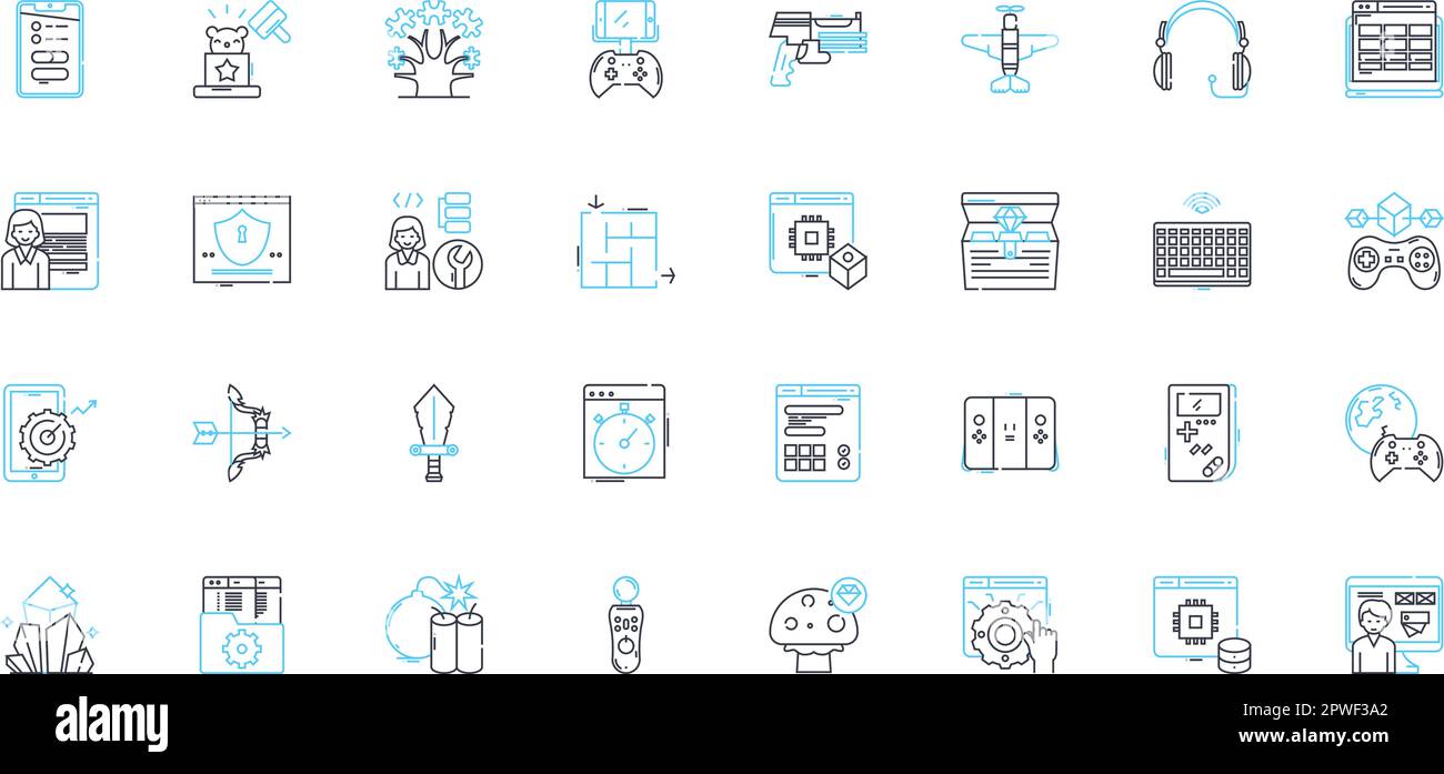 Gaming websites linear icons set. Virtual, Online, Adventure, Action ...