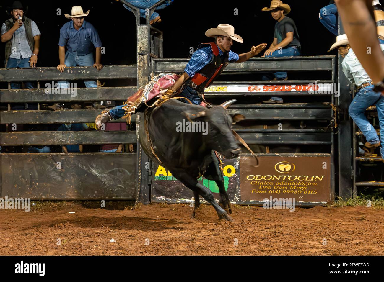 Itaja, Goias, Brazil - 04 22 2023: Bull riding event in a rodeo arena ...
