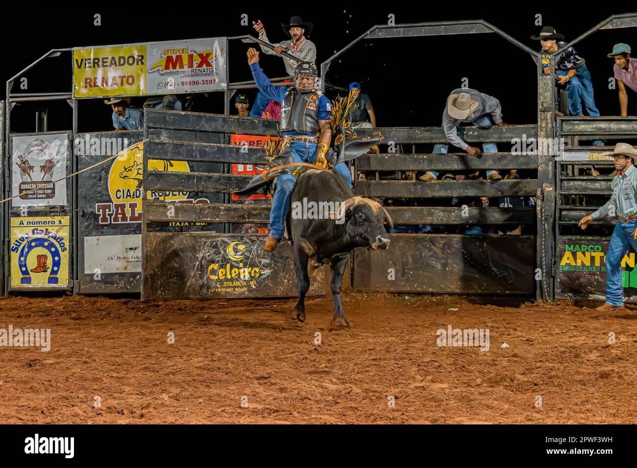 Itaja, Goias, Brazil - 04 22 2023: Bull riding event in a rodeo arena ...