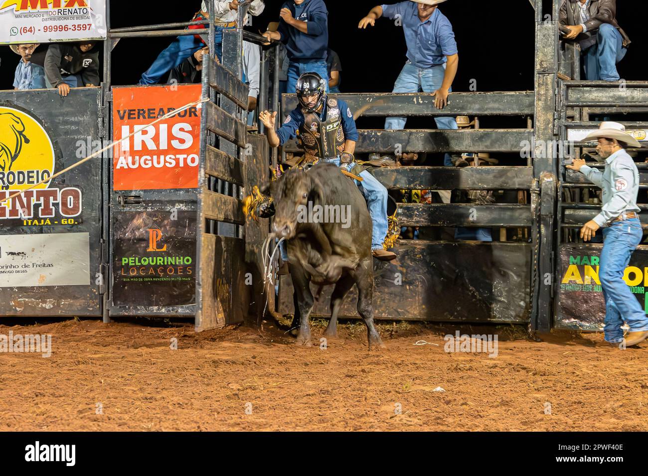 Itaja, Goias, Brazil - 04 23 2023: Bull riding event in a rodeo arena ...