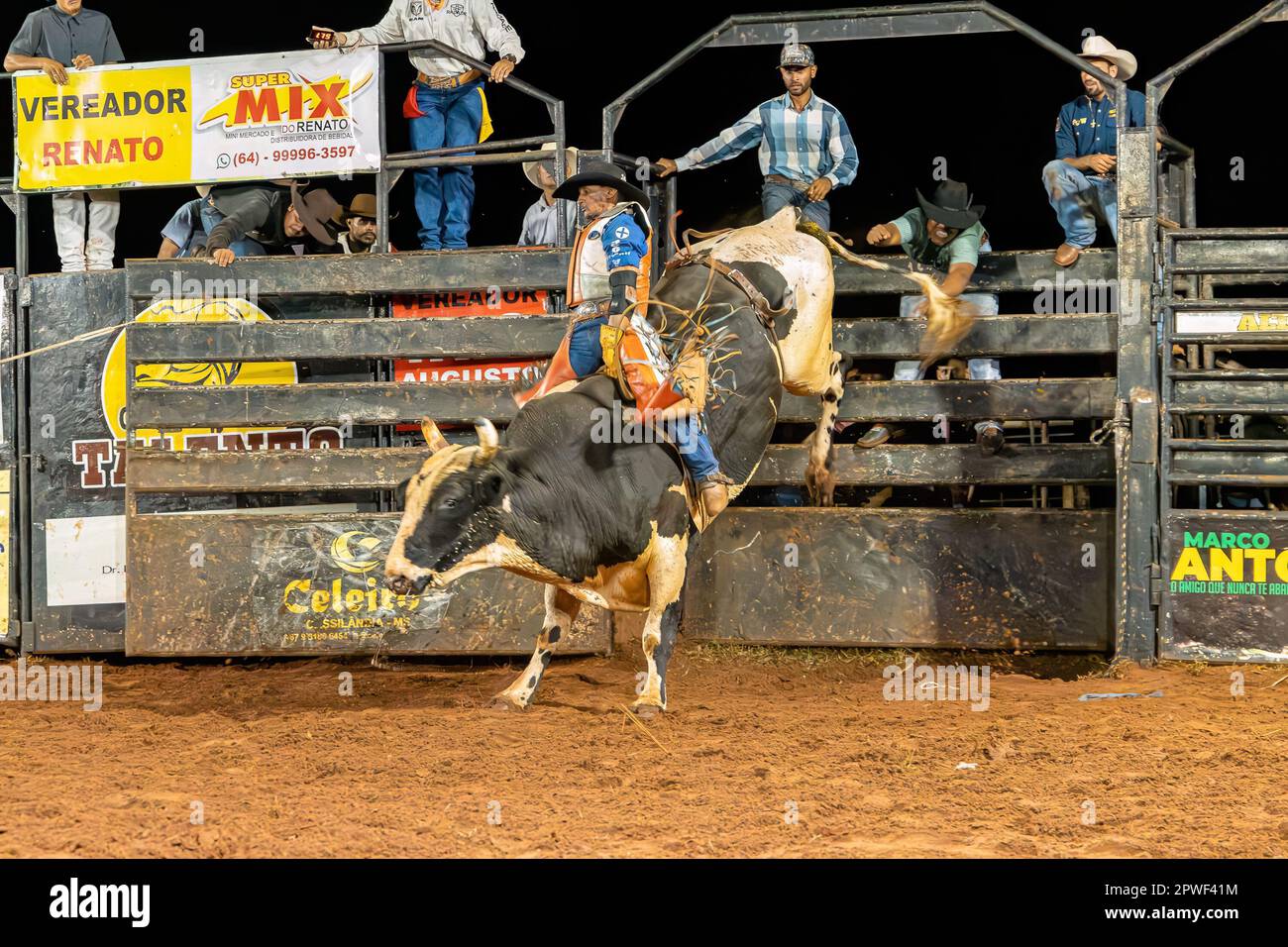 Itaja, Goias, Brazil - 04 23 2023: Bull riding event in a rodeo arena ...
