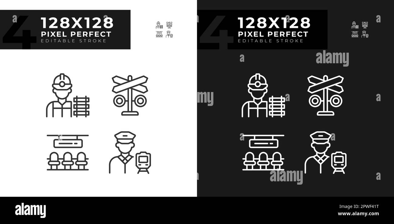 Railroad infrastructure pixel perfect linear icons set for dark, light ...