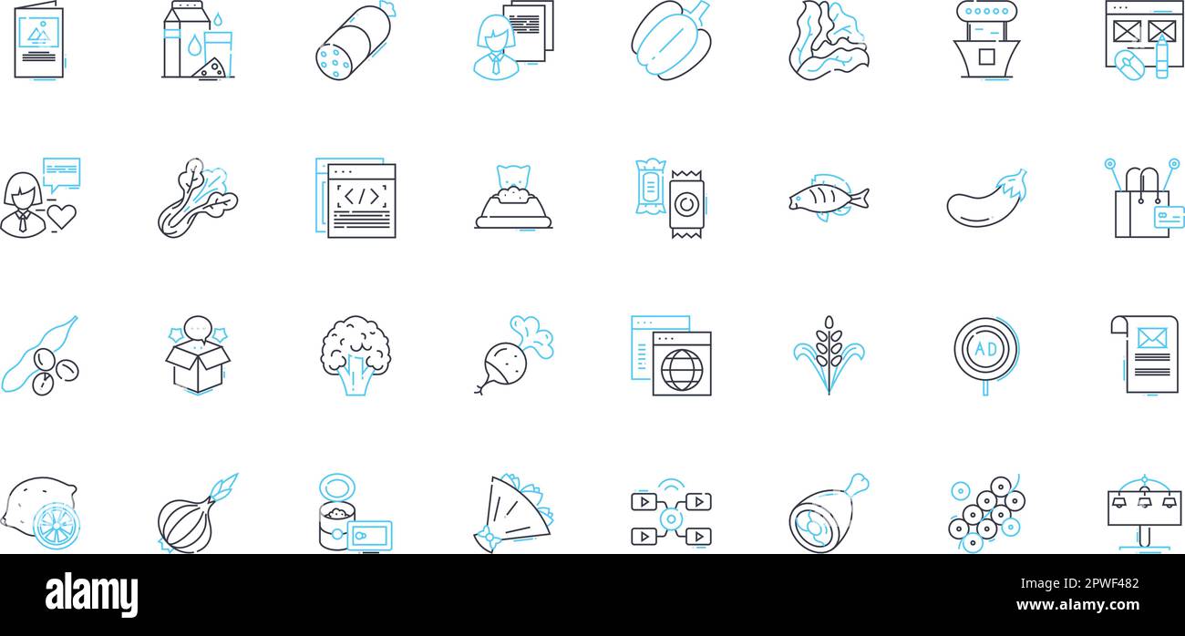 Groceries linear icons set. Produce, Dairy, Bakery, Canned, Meat ...