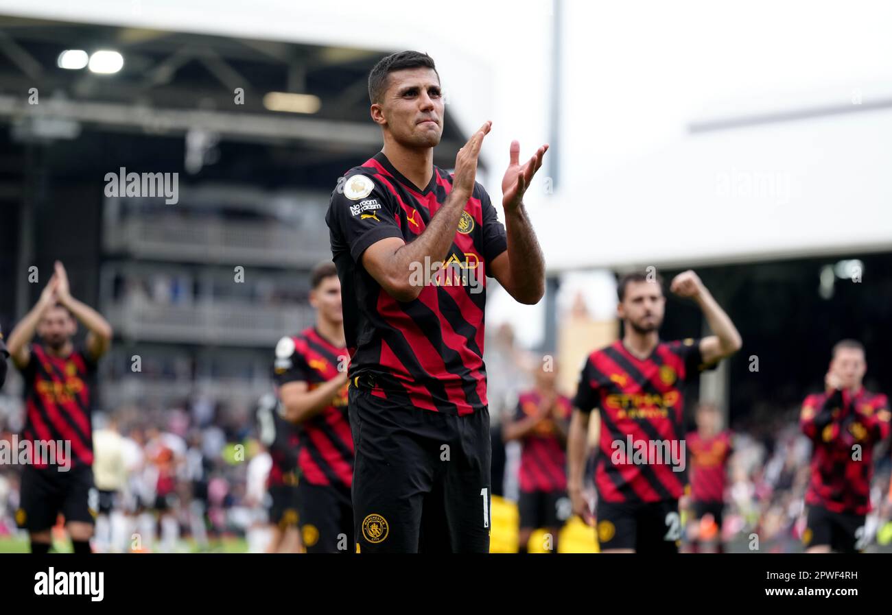 Manchester City's Rodri applauds the fans at full time after the ...