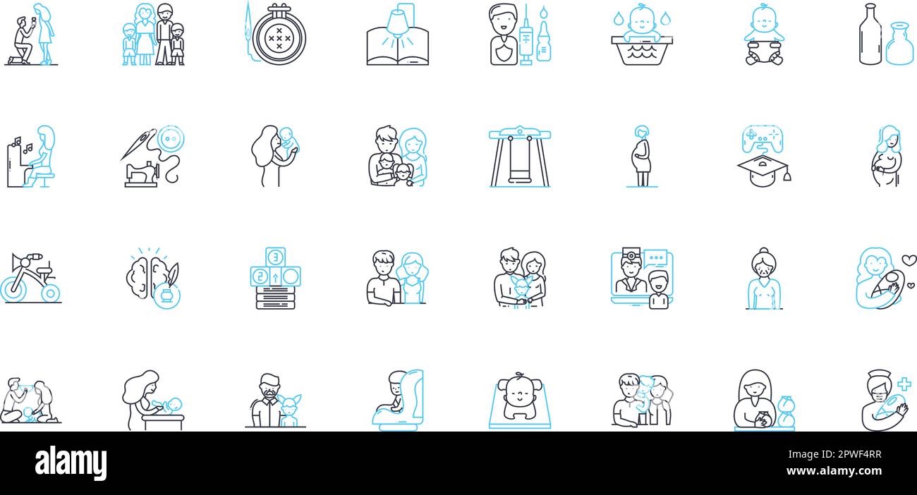 Infant linear icons set. Cooing, Diapers, Pacifier, Giggles, Milk ...