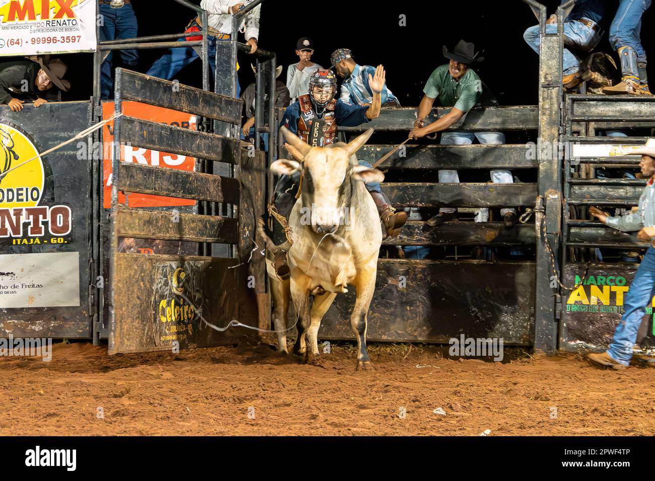 Itaja, Goias, Brazil - 04 23 2023: Bull riding event in a rodeo arena ...