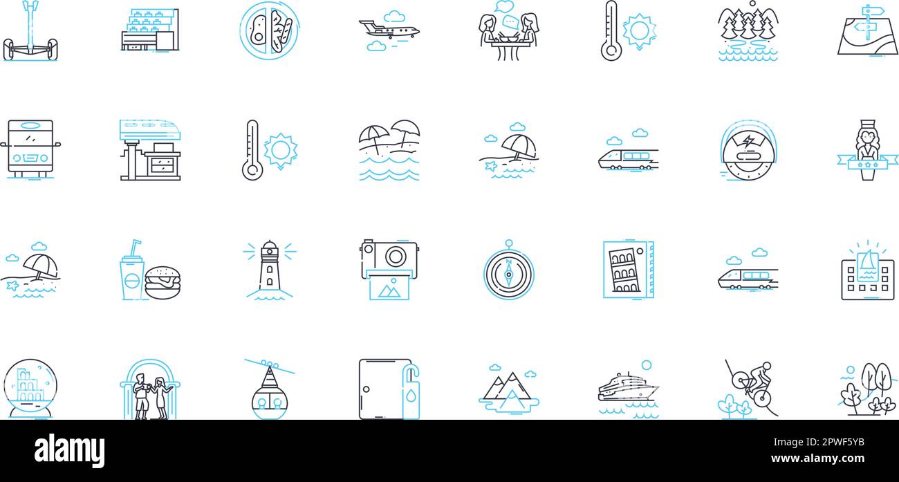 Expeditions linear icons set. Adventure, Trek, Exploration, Safari ...