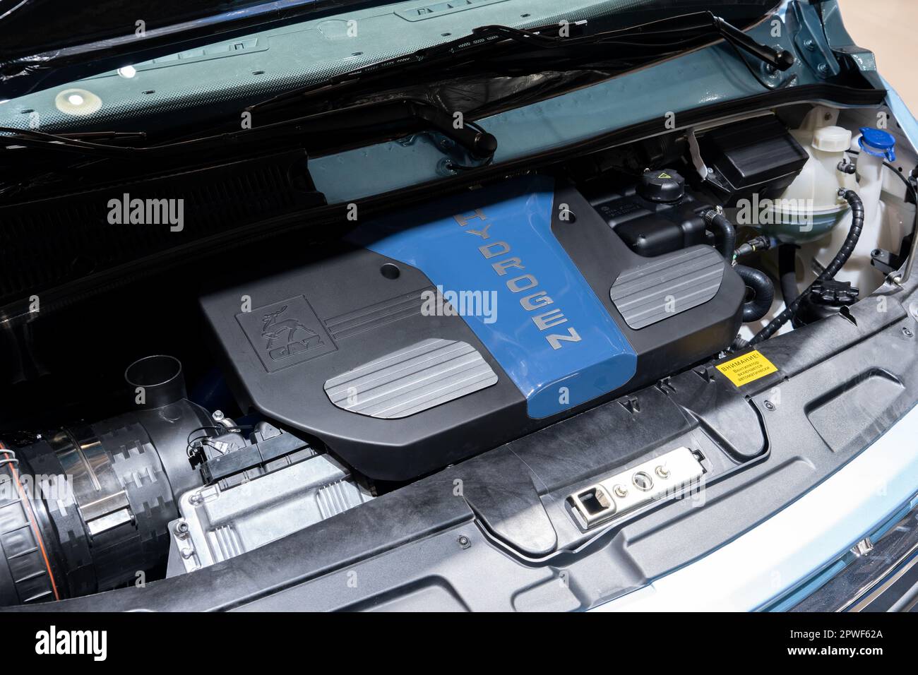 Moscow, Russia - September, 2021: Open hood of hydrogen fuel cell bus ...