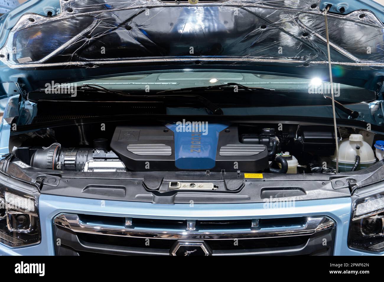 Moscow, Russia - September, 2021: Open hood of hydrogen fuel cell bus Gazelle CITY on exhibition ...