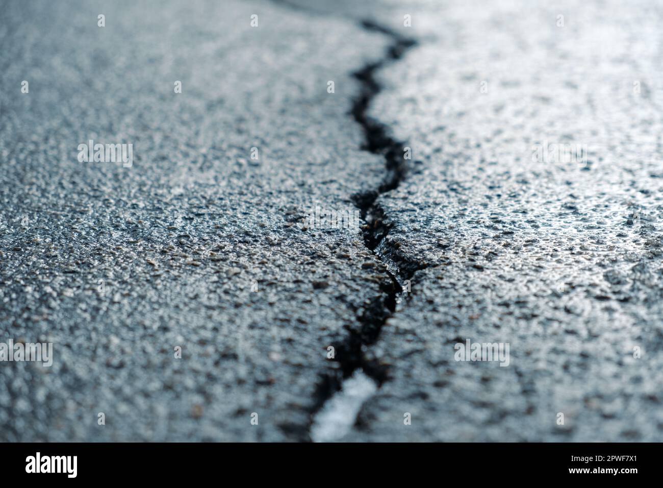 A crack in the asphalt divides the asphalt into two halves. Crack in ...