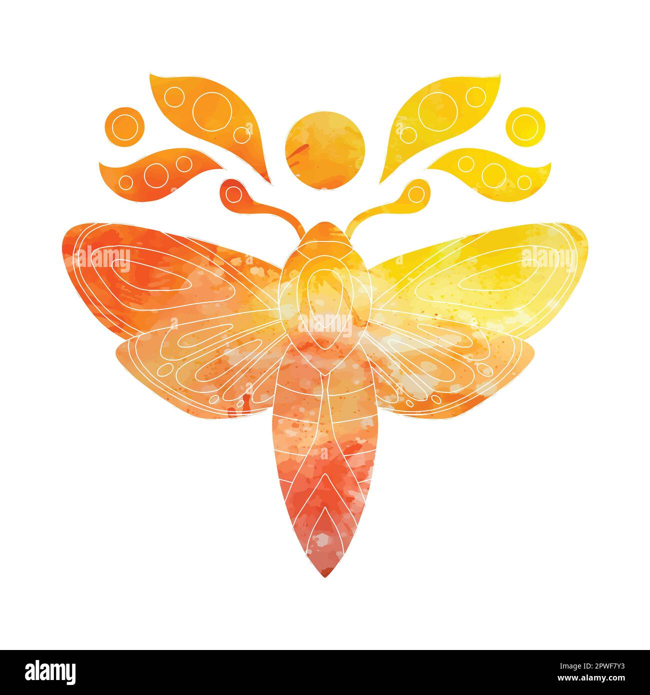 Vector silhouette of sacred orange watercolor moth with moon. Dye ...