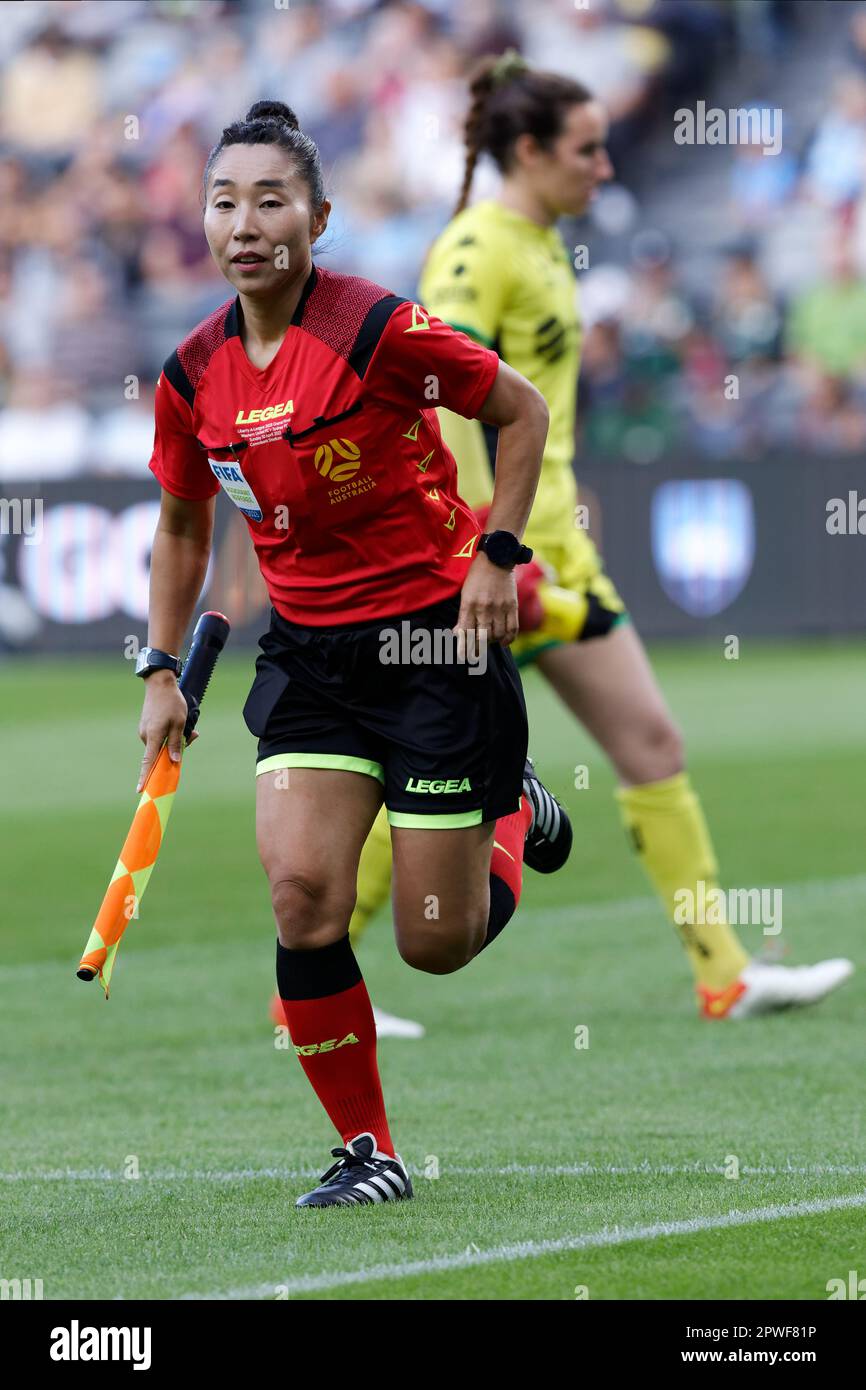 Sydney, Australia. 30th Apr, 2023. Assistant referee, Mi Suk Park runs to the side lines before ...